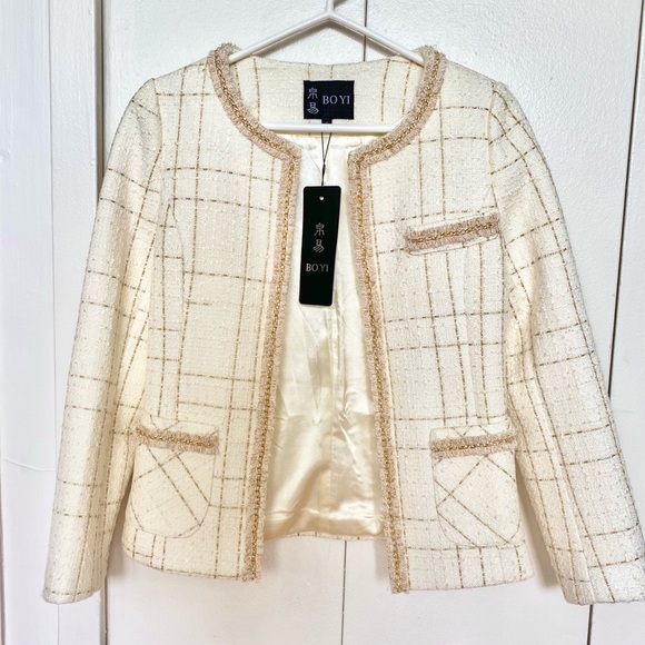 Bo Yi | Jackets & Coats | Nwt Bo Yi Cream And Gold Tweed Jacket | Poshmark